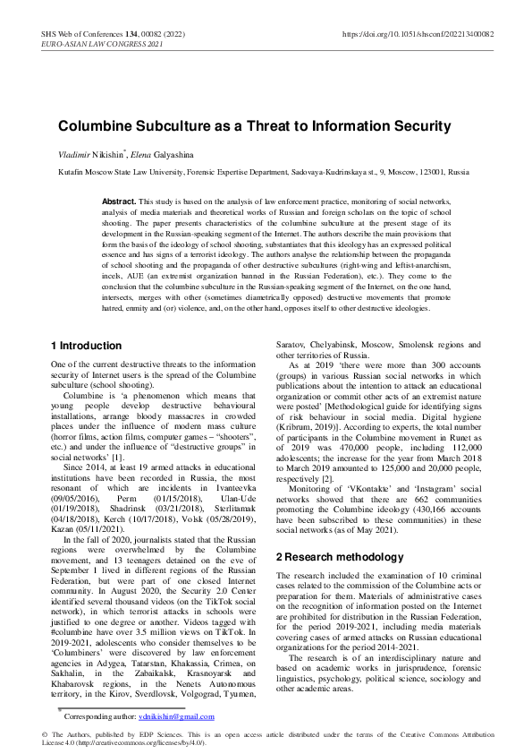(PDF) Columbine Subculture as a Threat to Information Security