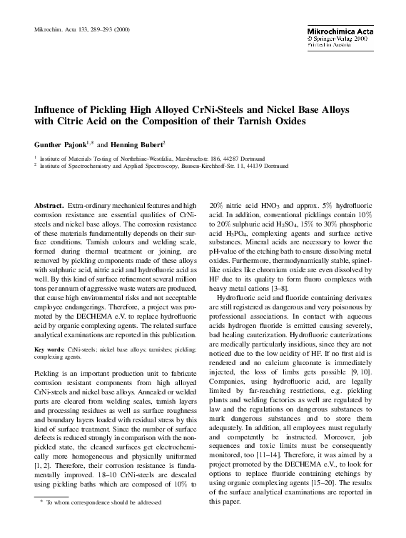 (PDF) Influence of Pickling High Alloyed CrNi-Steels and Nickel Base ...