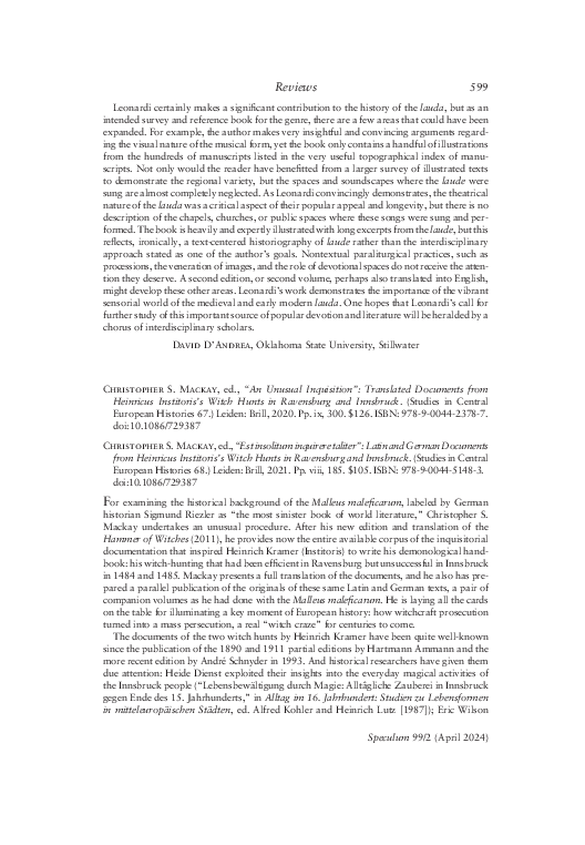 (PDF) Review of Christopher Mackay, “An Unusual Inquisition”: