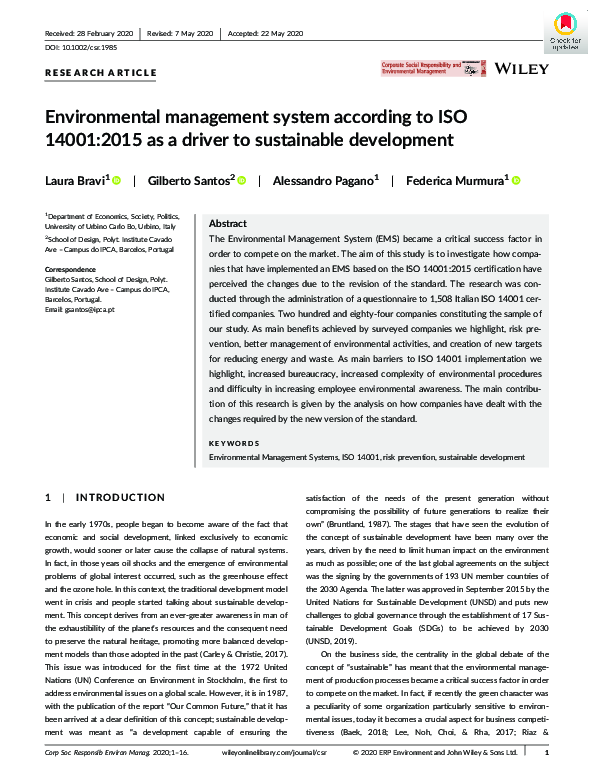 (PDF) Environmental management system according to ISO 14001:2015 as a driver to sustainable ...
