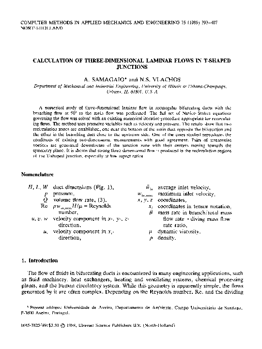 (PDF) Calculation of three-dimensional laminar flows in T-shaped junctions