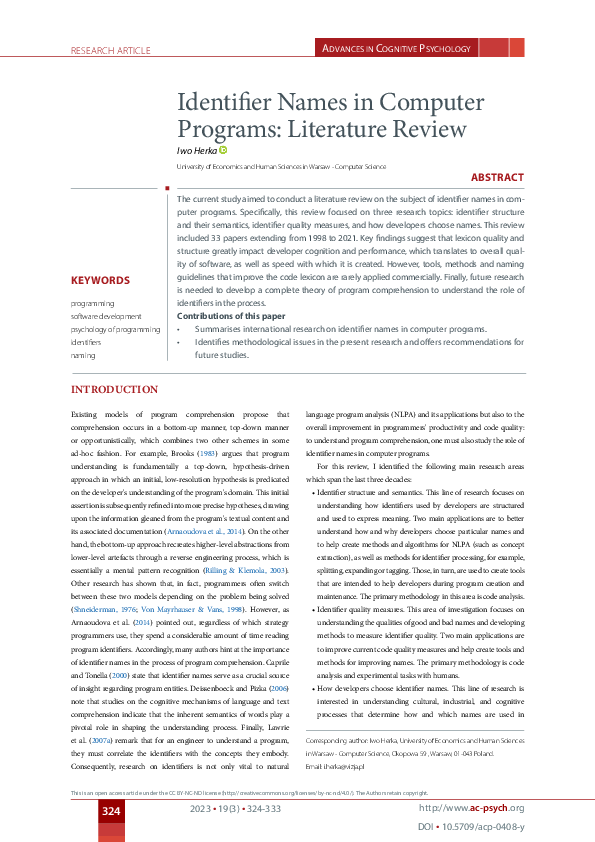 (PDF) Identifier Names in Computer Programs: Literature Review