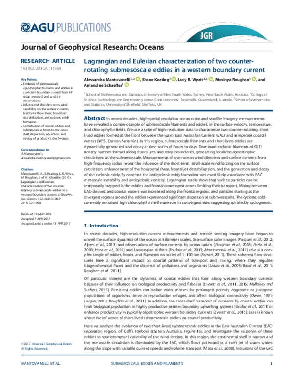 (PDF) Lagrangian and Eulerian characterization of two counter‐rotating submesoscale eddies in a ...