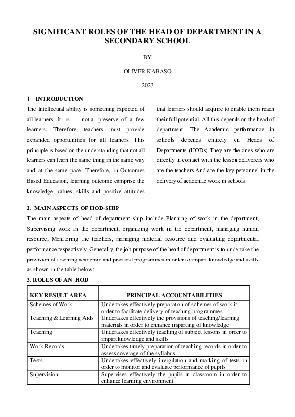 (PDF) SIGNIFICANT ROLES OF THE HEAD OF DEPARTMENT IN A SECONDARY SCHOOL