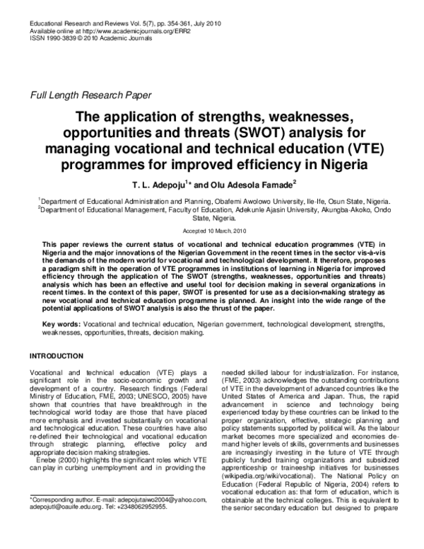 (PDF) The application of strengths, weaknesses, opportunities and threats (SWOT) analysis for ...