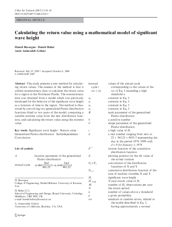 (PDF) Calculating the return value using a mathematical model of significant wave height