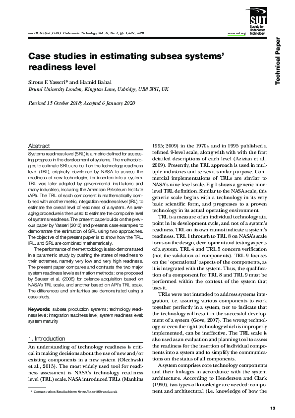 (PDF) Case studies in estimating subsea systems' readiness level