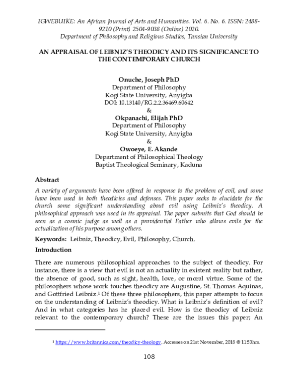 (PDF) AN APPRAISAL OF LEIBNIZ'S THEODICY AND ITS SIGNIFICANCE TO THE ...