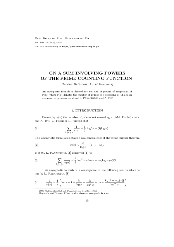 Pdf On A Sum Involving Powers Of The Prime Counting Function Farid Ben