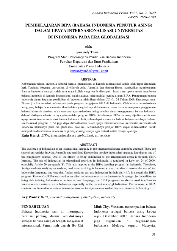 (PDF) Pembelajaran Bipa (Bahasa Indonesia Penutur Asing) Dalam Upaya Internasionalisasi ...