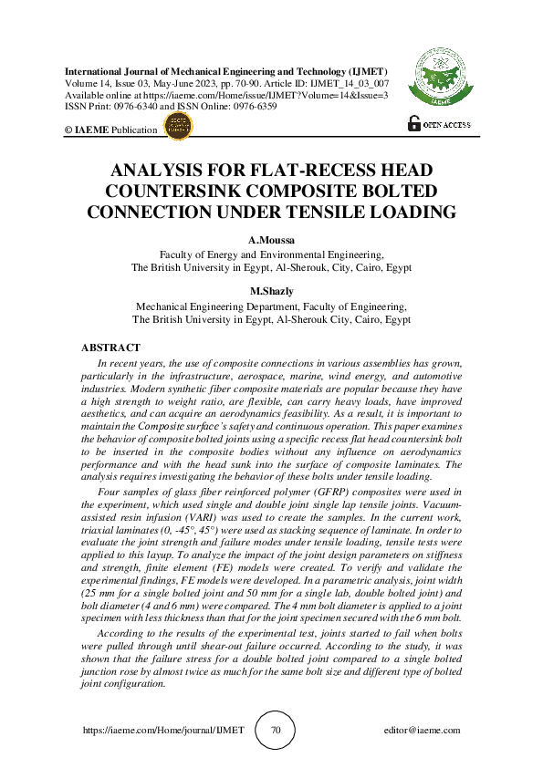 (PDF) ANALYSIS FOR FLAT-RECESS HEAD COUNTERSINK COMPOSITE BOLTED ...