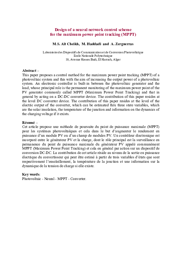 Pdf Design Of A Neural Network Control Scheme For The Maximum Power Point Tracking Mppt