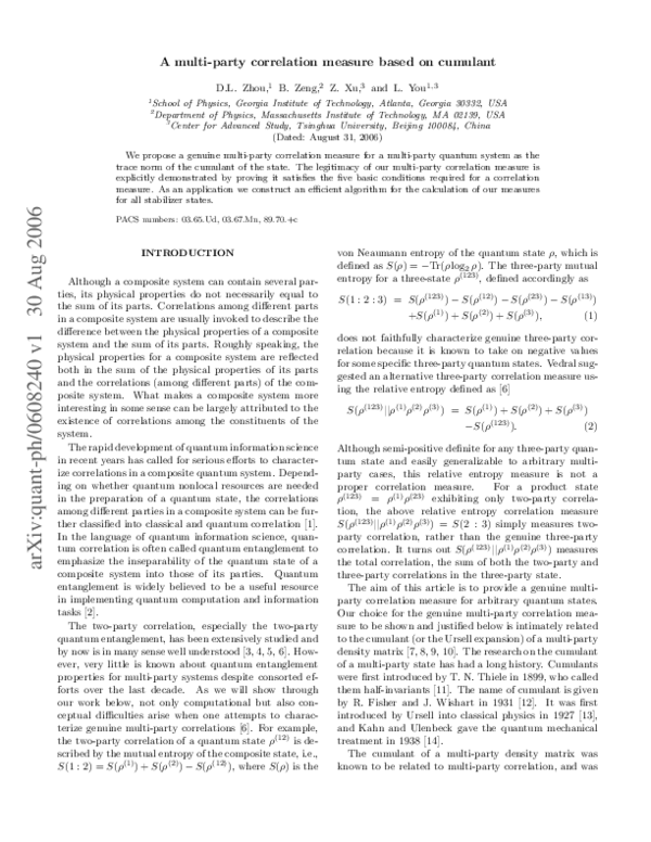 (PDF) Multiparty correlation measure based on the cumulant