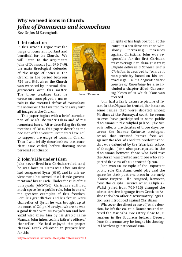 (PDF) Why we need icons in Church: John of Damascus and iconoclasm