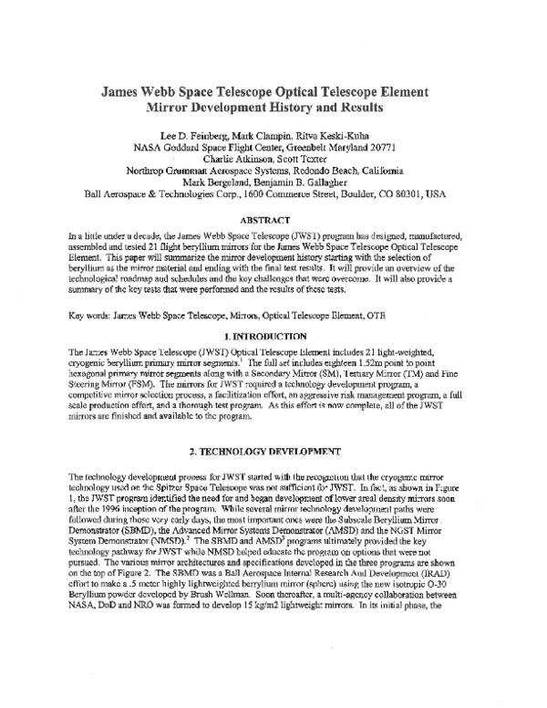(PDF) James Webb Space Telescope optical telescope element mirror development history and results