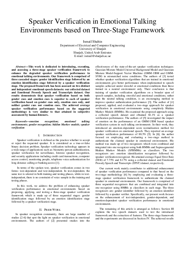 (PDF) Speaker verification in emotional talking environments based on three-stage framework
