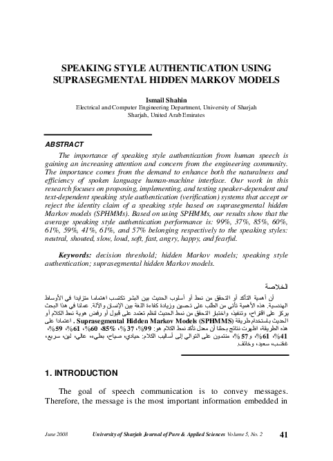 (PDF) Speaking Style Authentication Using Suprasegmental Hidden Markov Models