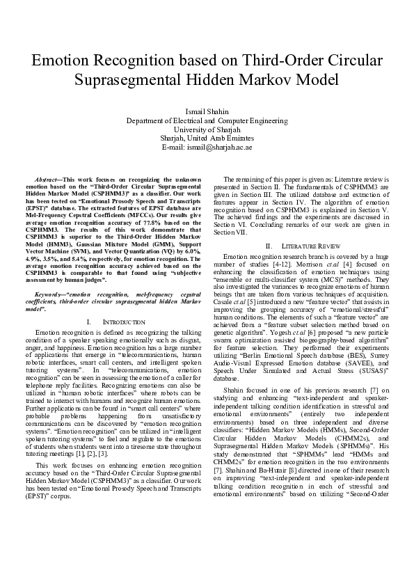 (PDF) Emotion Recognition based on Third-Order Circular Suprasegmental Hidden Markov Model
