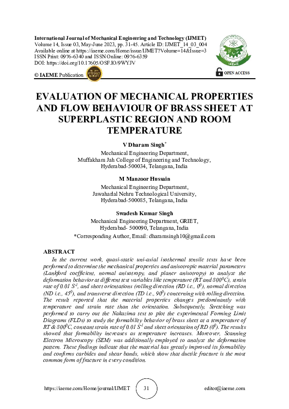 (PDF) EVALUATION OF MECHANICAL PROPERTIES AND FLOW BEHAVIOUR OF BRASS ...