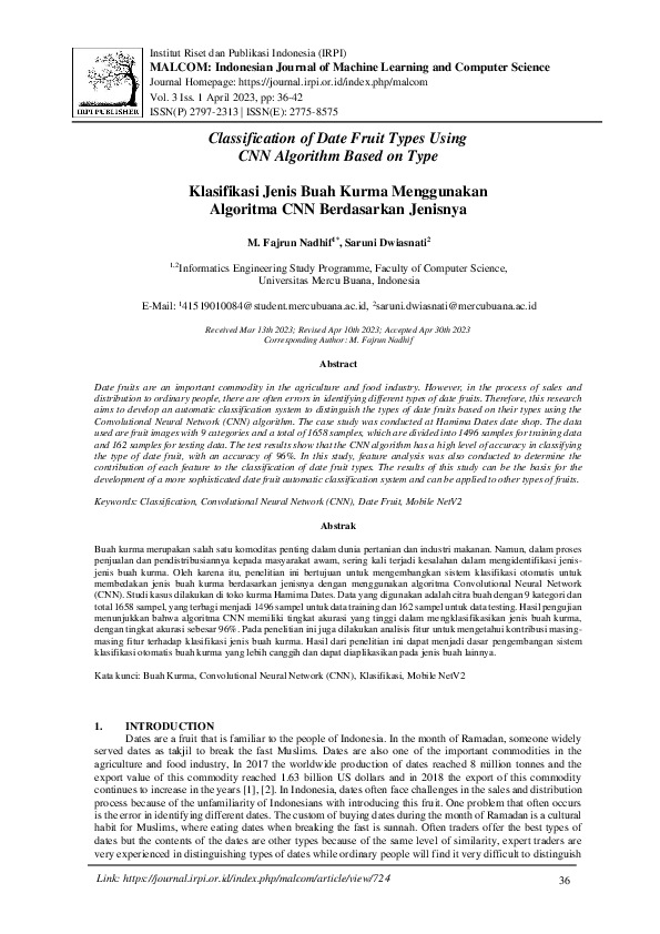 (PDF) Classification of Date Fruit Types Using CNN Algorithm Based on Type