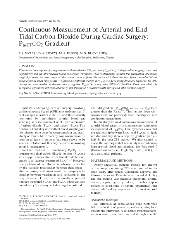 (PDF) Continuous Measurement of Arterial and End-Tidal Carbon Dioxide ...