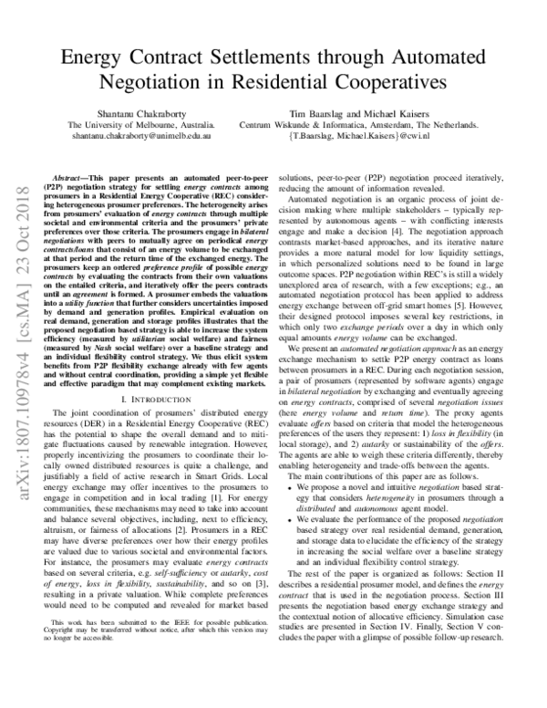 (PDF) Energy Contract Settlements through Automated Negotiation in Residential Cooperatives