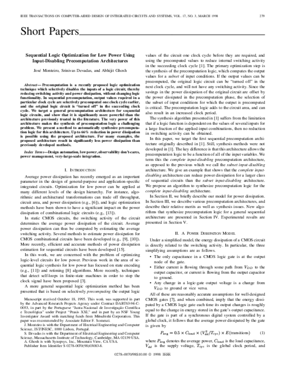 (PDF) Sequential logic optimization for low power using input-disabling precomputation architectures