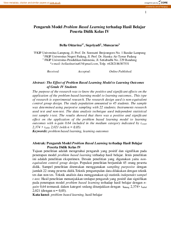 (PDF) Pengaruh Model Problem Based Learning terhadap Hasil Belajar Peserta Didik Kelas IV ...