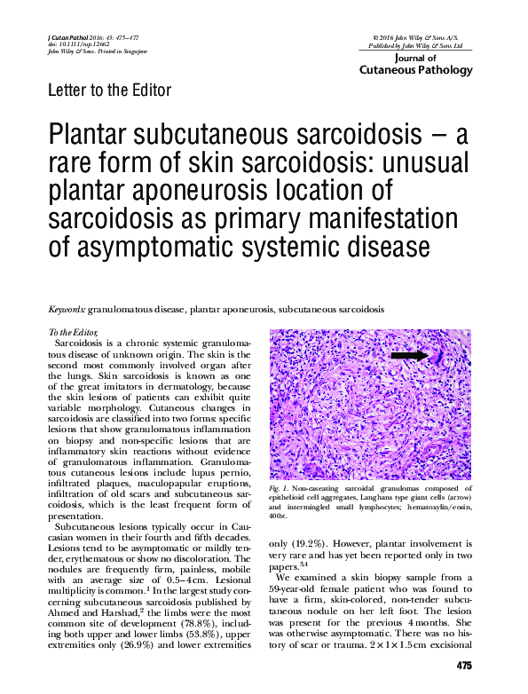 (PDF) Plantar subcutaneous sarcoidosis - a rare form of skin ...