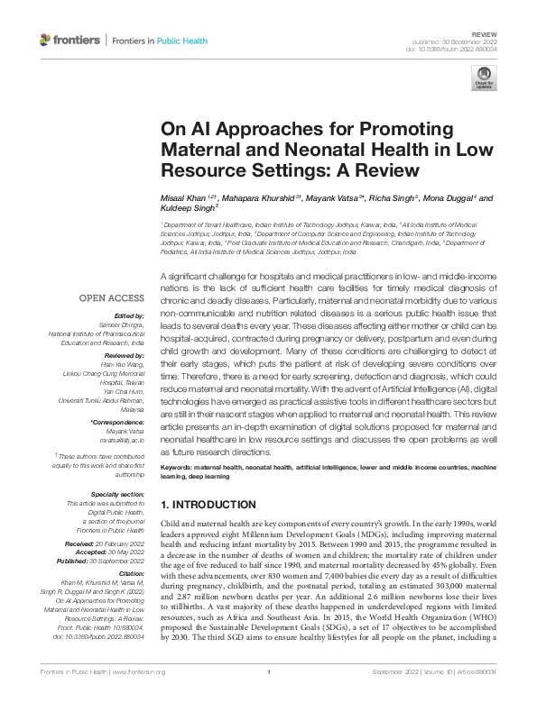 (PDF) On AI Approaches for Promoting Maternal and Neonatal Health in ...