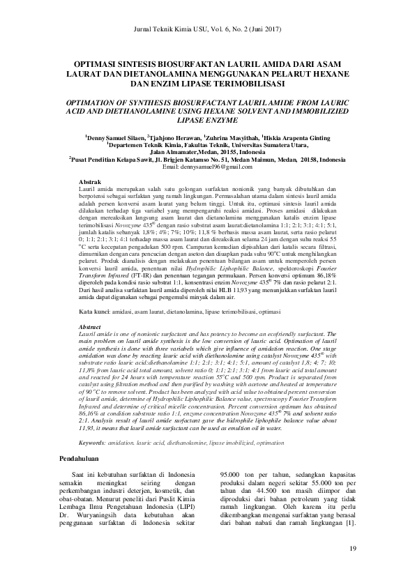 (PDF) Optimasi Sintesis Biosurfaktan Lauril Amida Dari Asam Laurat Dan ...