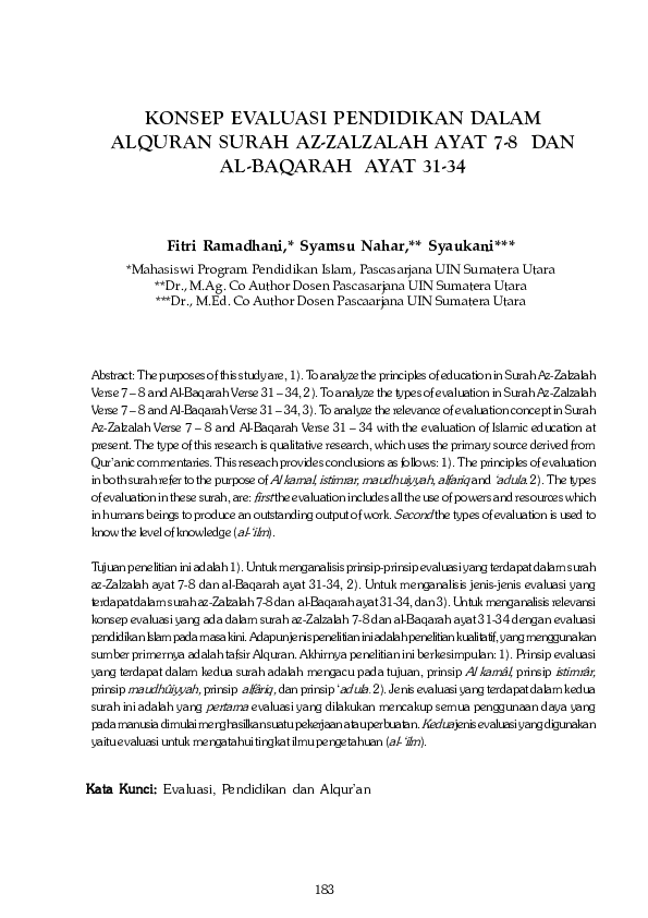 (PDF) Konsep Evaluasi Pendidikan Dalam Alquran Surah Az-Zalzalah Ayat 7-8 Dan Al-Baqarah Ayat 31 ...
