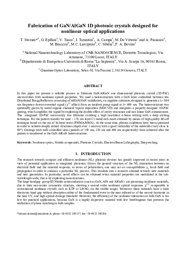 (PDF) Fabrication of GaN/AlGaN 1D photonic crystals designed for nonlinear optical applications