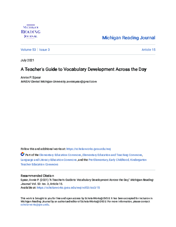 (PDF) A Teacher's Guide to Vocabulary Development Across the Day