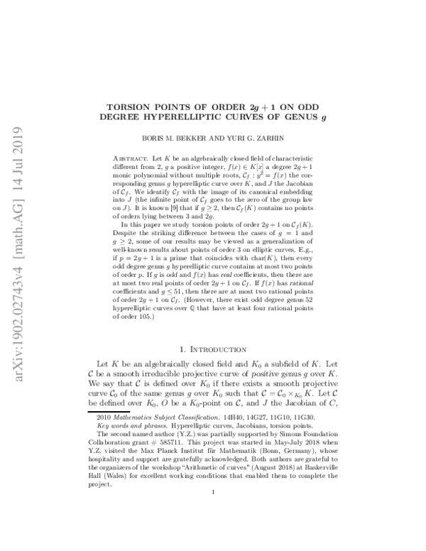 (PDF) Torsion Points of order 2g+1 on odd degree hyperelliptic curves ...