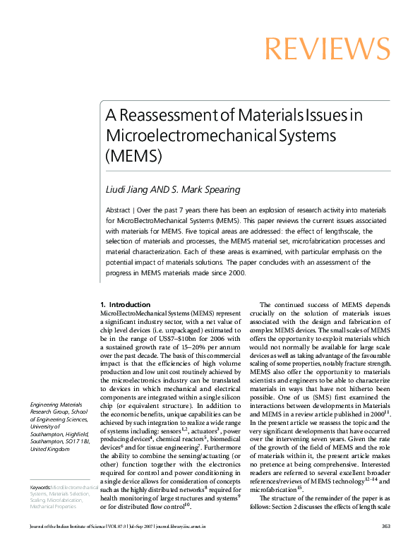 (PDF) A reassessment of materials issues in microelectromechanical ...