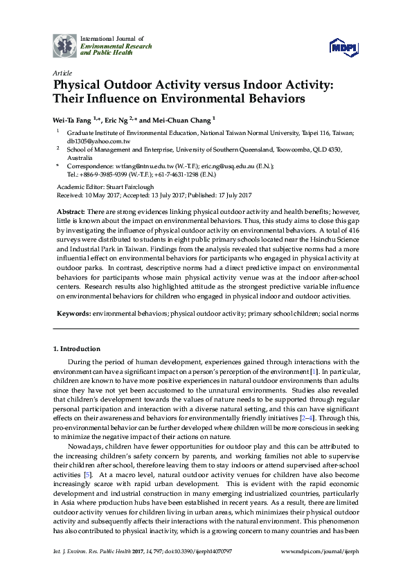 (PDF) Physical Outdoor Activity versus Indoor Activity: Their Influence ...