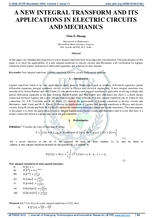 (PDF) A New Integral Transform and Its Applications in Electric Circuits and Mechanics
