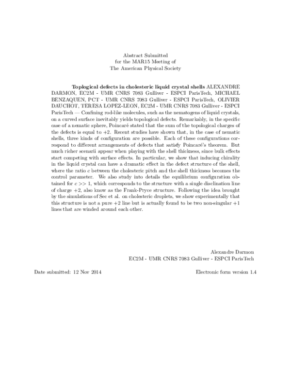 (PDF) Toplogical defects in cholesteric liquid crystal shells