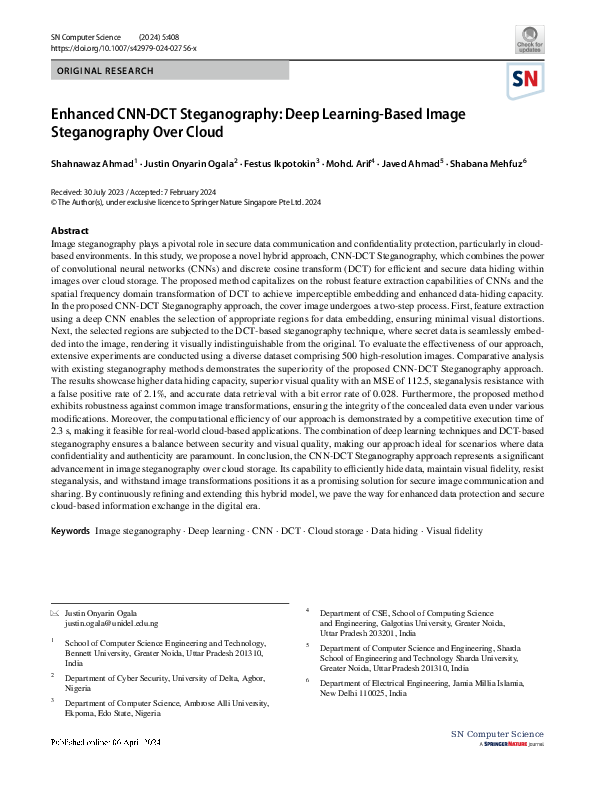 (PDF) Enhanced CNN-DCT Steganography: Deep Learning-Based Image Steganography Over Cloud