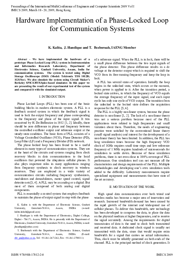 (PDF) Hardware Implementation of a Phase-Locked Loop for Communication Systems | Jayanta ...