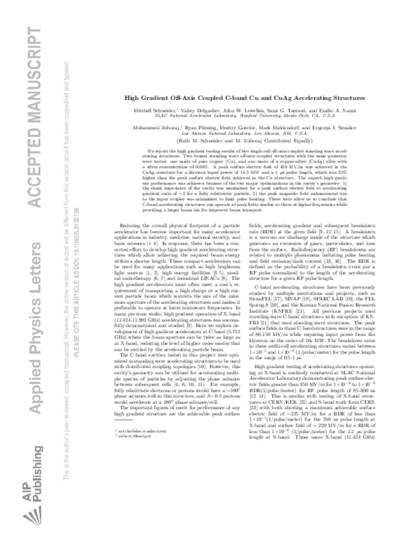 (PDF) High gradient off-axis coupled C-band Cu and CuAg accelerating structures