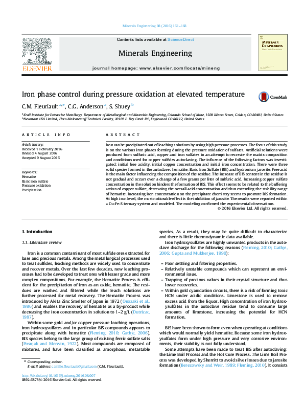 (PDF) Iron phase control during pressure oxidation at elevated temperature