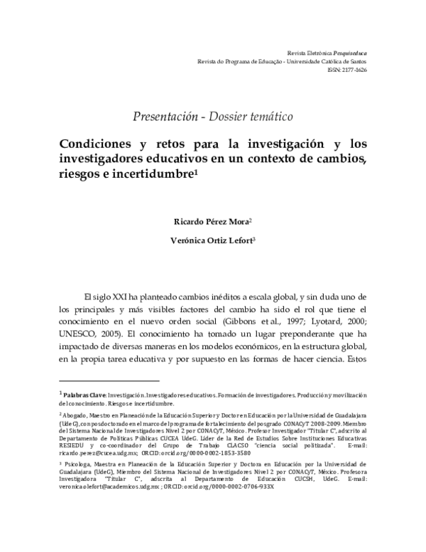(PDF) Presentación - Dossier Temático: Condiciones y Retos Para La ...