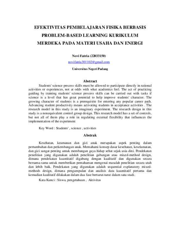 (PDF) EFEKTIVITAS PEMBELAJARAN FISIKA BERBASIS PROBLEM-BASED LEARNING KURIKULUM MERDEKA PADA ...