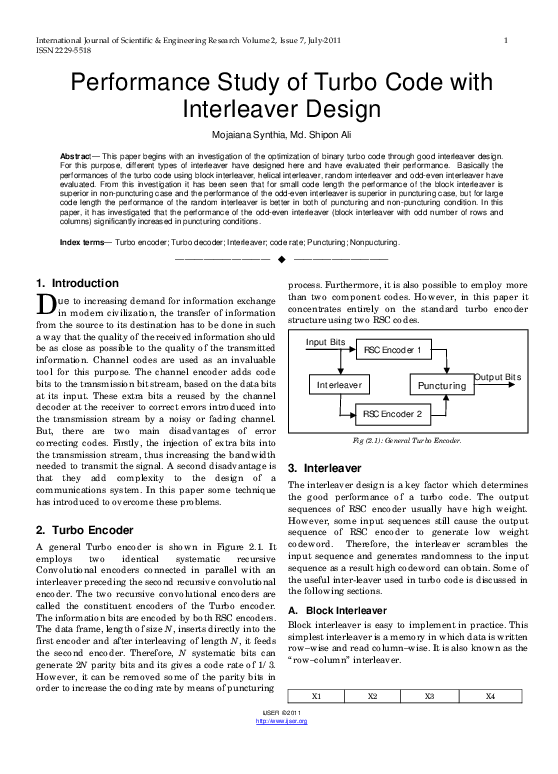 (PDF) Performance Study of Turbo Code with Interleaver Design