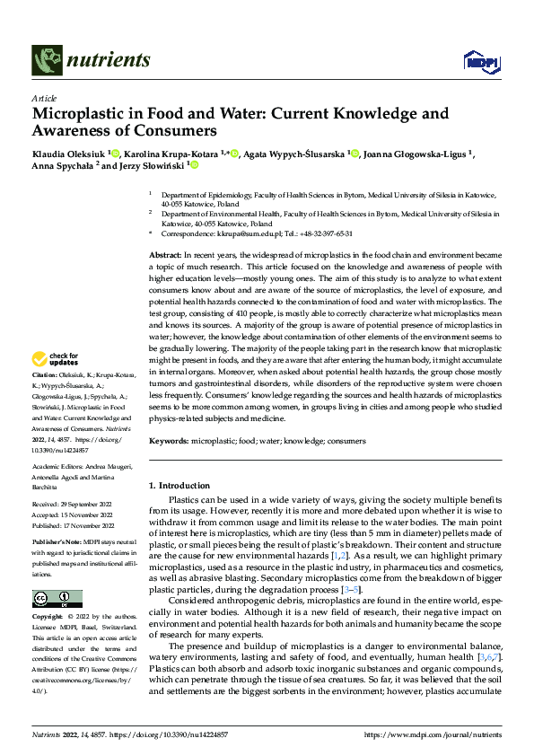 (PDF) Microplastic in Food and Water: Current Knowledge and Awareness ...