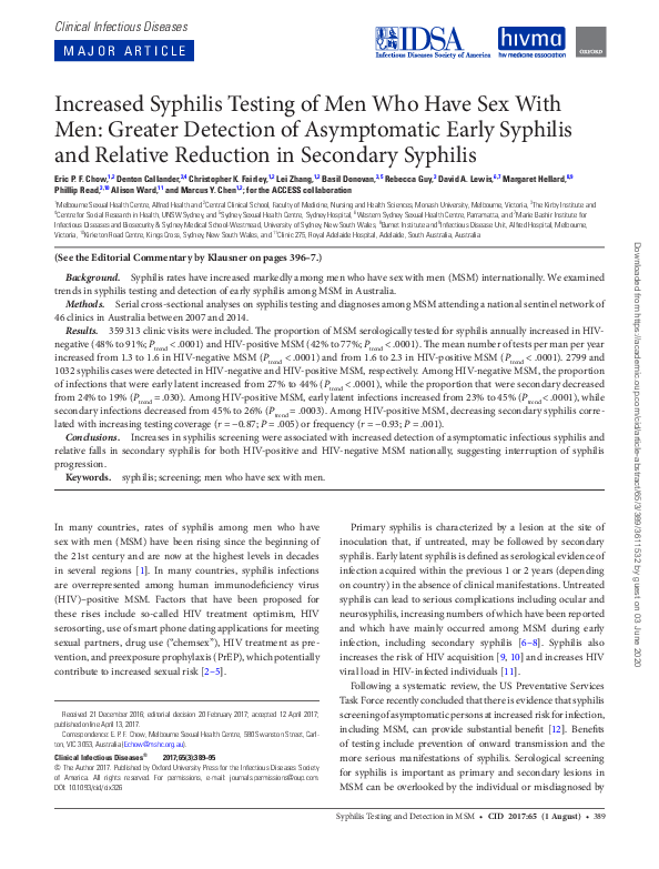 (PDF) Increased syphilis testing of men who have sex with men: greater ...