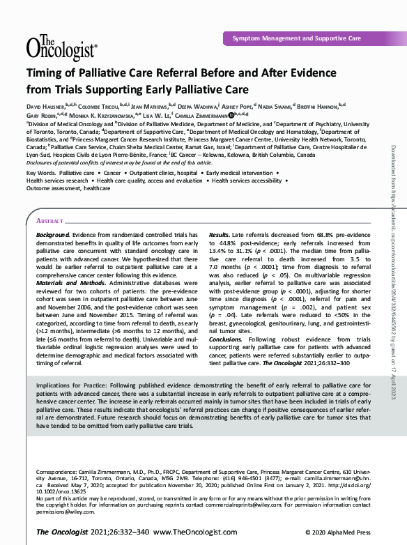 (PDF) Timing of Palliative Care Referral Before and After Evidence from ...