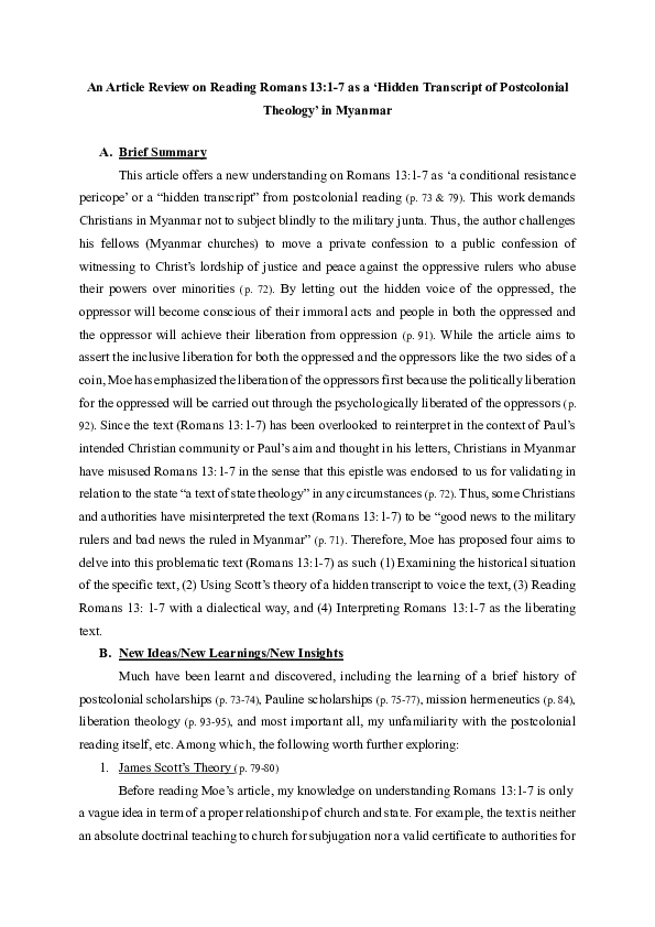(PDF) An Article Review on Reading Romans 13:1-7 as a 'Hidden ...